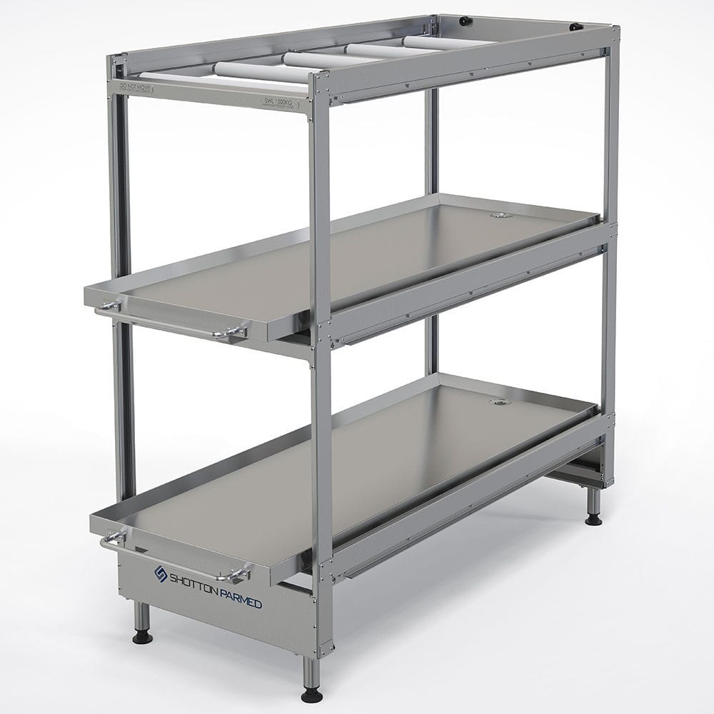 Body tray storage rack - Shotton Parmed - on casters / stainless steel
