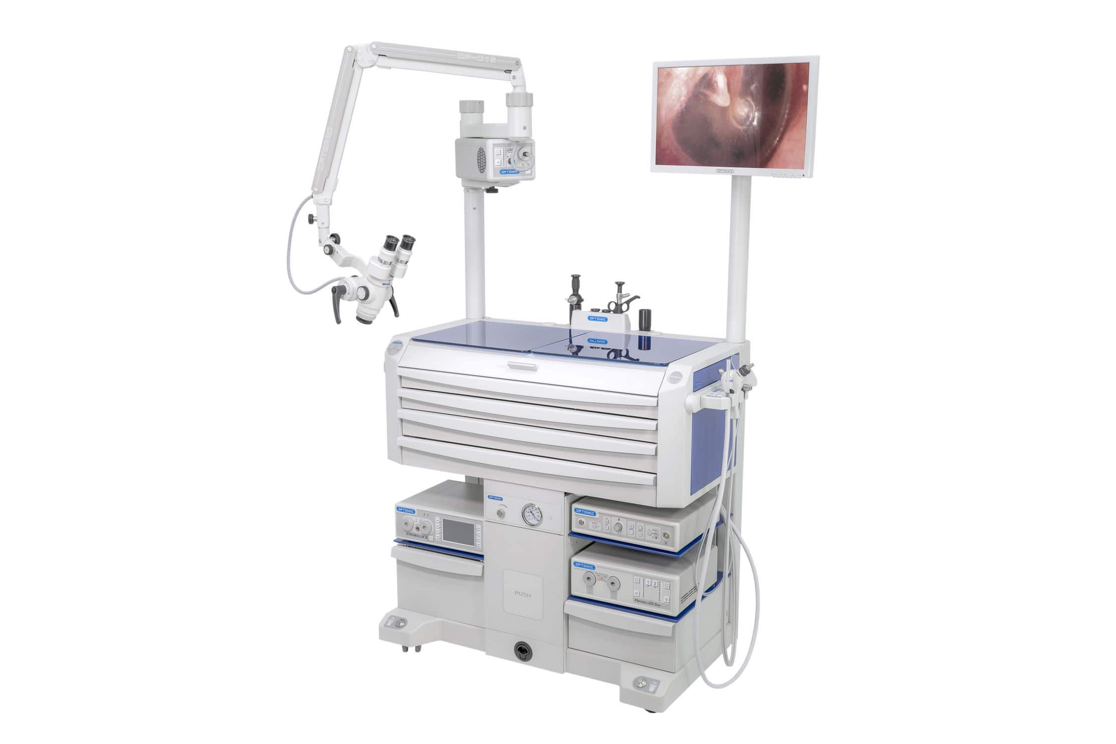 ENT workstation - OPTIMUS - OPTOMIC - with monitor / on casters