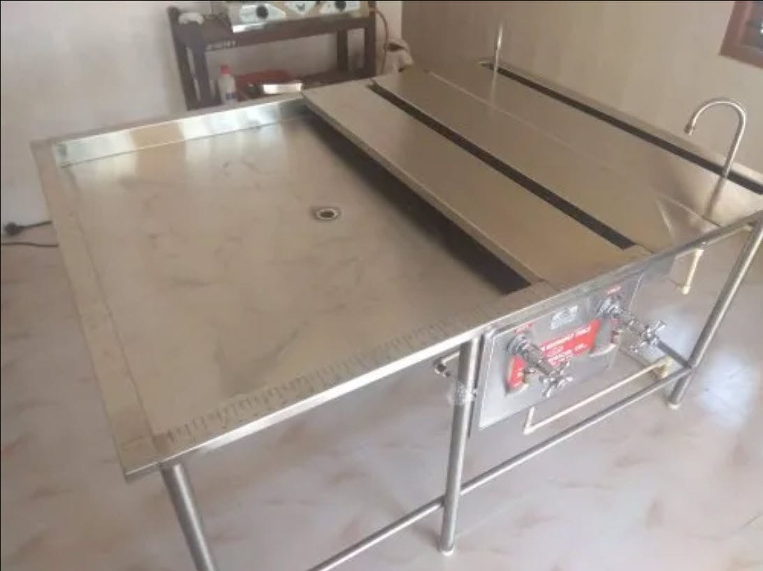 Necropsy table - Span Surgical - rectangular / with sink / stainless steel