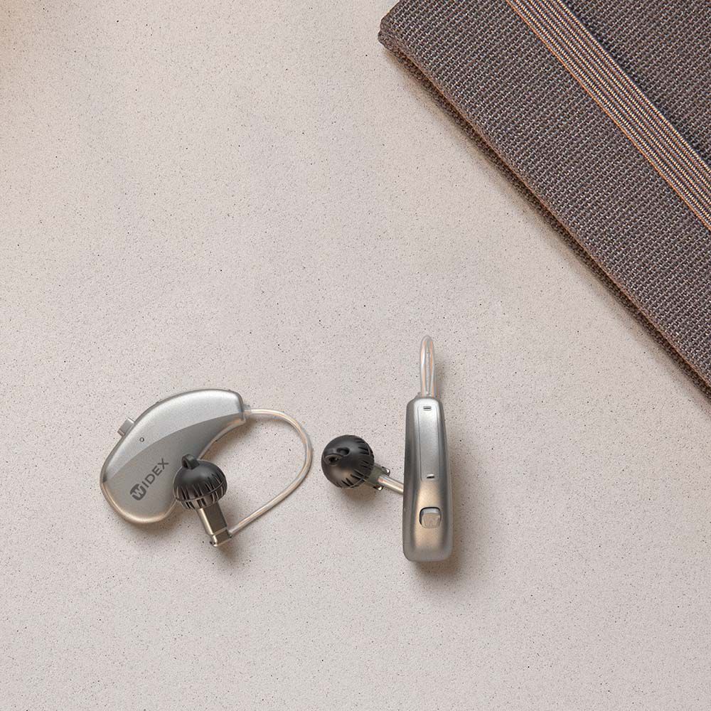 RIC hearing aid - sRIC R D - Widex - remote-controlled / blue / brown