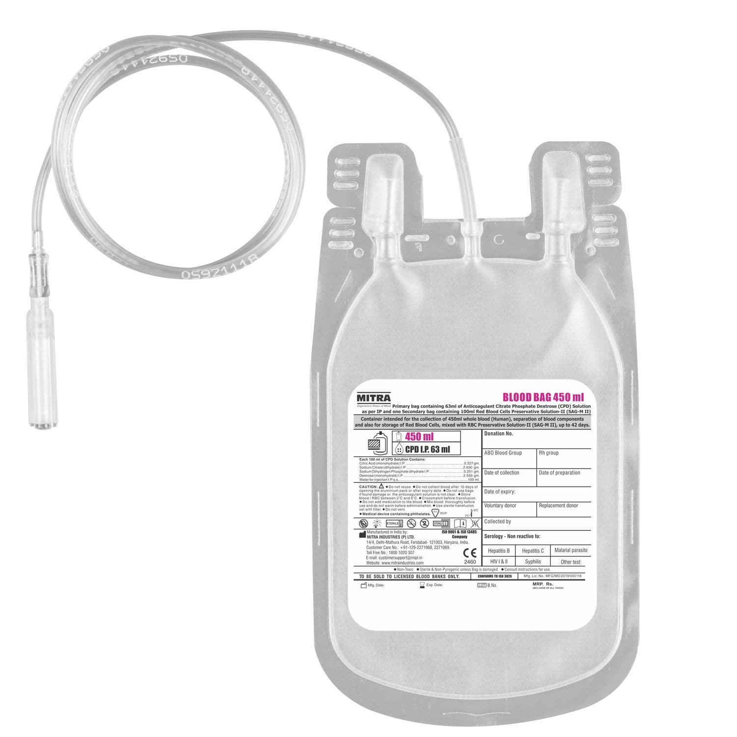 Bolsa de sangue simples - MITRA Industries - CPD / CPDA-1 / em PVC